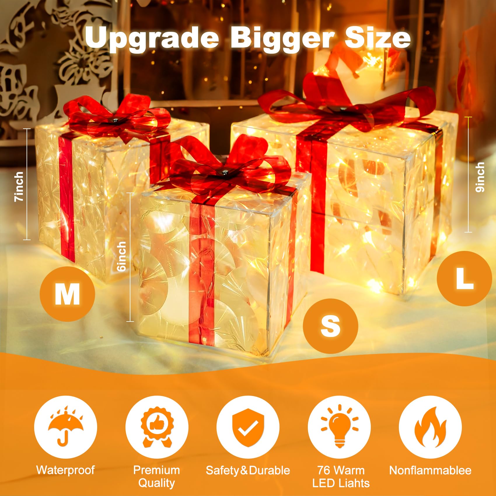 Large Christmas Lighted Present Boxes Decorations, Plug-In Transparent Warm White 76 LED Light Up Gift Boxes Outdoor Indoor for Christmas Tree Yard Home Lawn Holiday Outside Xmas Decor Set of 3