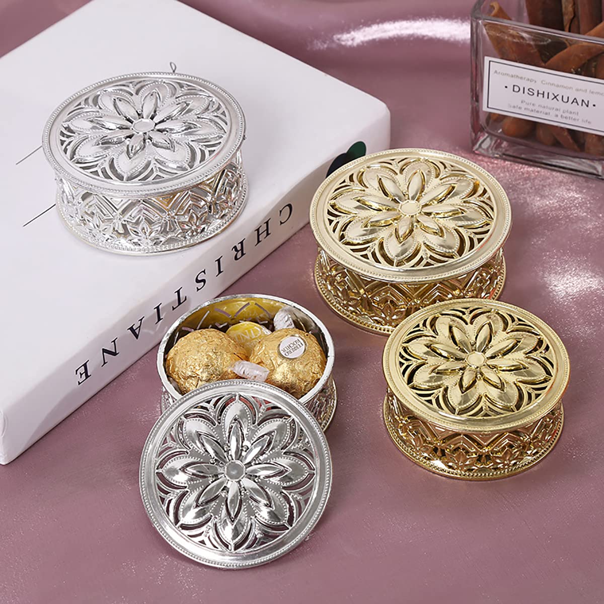 Kukiwhy 12 PCS Gold Silver Round Candy Boxes,Wedding Favor Boxes Candy Hollow Jars Candy Storage Boxes Gift Boxes for Wedding Baby Shower Christmas Birthday Party