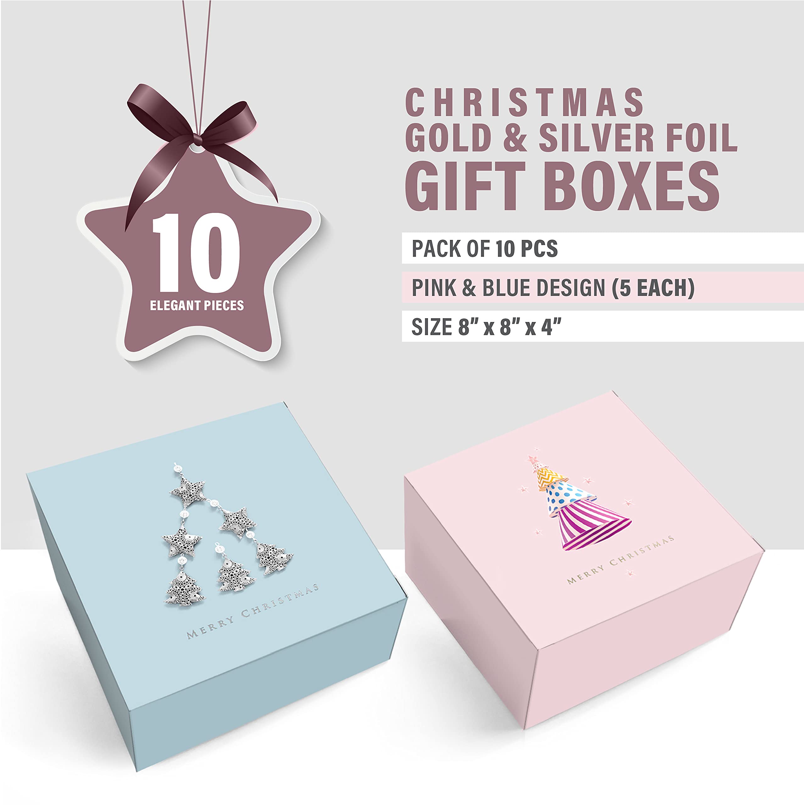 easykart labels 10 Christmas Gift Box 8x8x4 Inch, Holiday Gift Boxes with Lid, Pink & Blue Pastel Colour with Foiling Effect, Boxes for wrapping gift