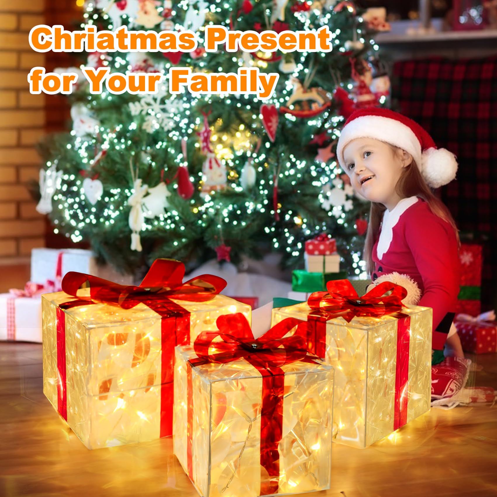 Large Christmas Lighted Present Boxes Decorations, Plug-In Transparent Warm White 76 LED Light Up Gift Boxes Outdoor Indoor for Christmas Tree Yard Home Lawn Holiday Outside Xmas Decor Set of 3