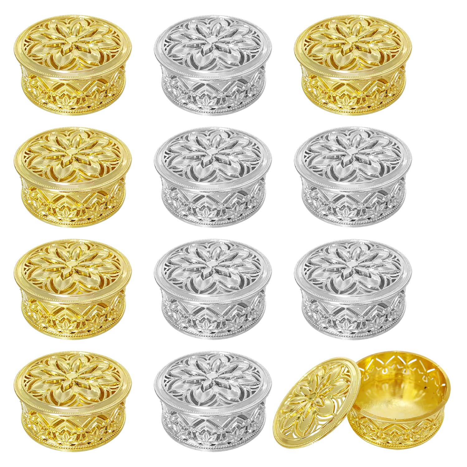 Kukiwhy 12 PCS Gold Silver Round Candy Boxes,Wedding Favor Boxes Candy Hollow Jars Candy Storage Boxes Gift Boxes for Wedding Baby Shower Christmas Birthday Party