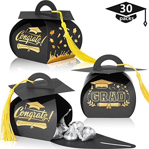 30 Pieces Graduation Cap Gift Box Graduation Party Favors Graduation Candy Box Treat Box with Gold Tassel Graduation Centerpieces for Tables 2022 Graduation Decorations Grad Party Supplies (Black)