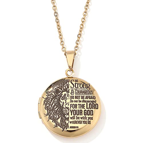 UTHOSMDO Be Strong Lion Bible Cover - Joshua 1:9, That Can Holds Pictures, Engraved English Bible Lords Necklace (Gold)