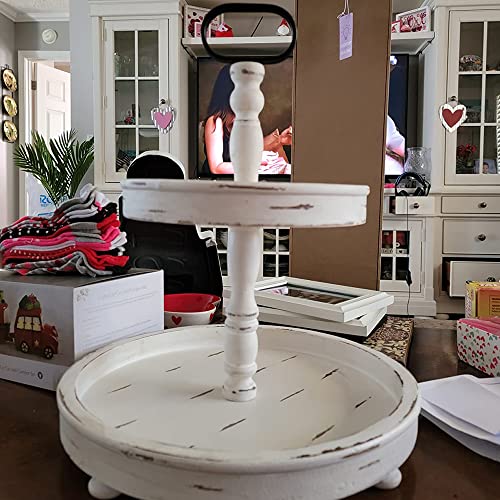 MAONAME Distressed White Tiered Tray, Wooden 2 Tier Tray with Metal Handle, 14.5" x 14.5" x 18", Farmhouse 2 Tier Tray Decor, Rustic Two Tiered Tray for Seasonal Decorations