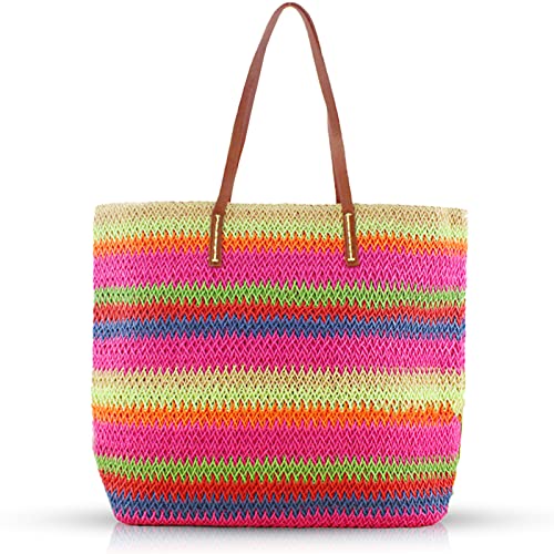 QTKJ Tote Bag for Women, Summer Beach bag Handwoven Straw Shoulder Bag, Multicolored Striped Leather Shoulder Strap, Large Straw Bag Suitable for Travel Work Party(Pink)