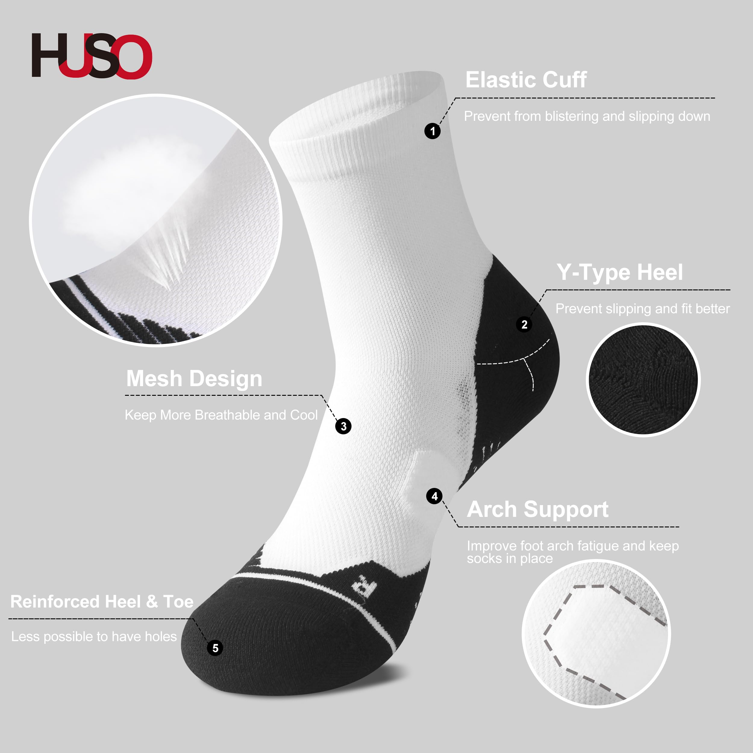 HUSO Tennis Socks Cushioned Low Ankle High Performance Fashion Cool Athletic Running Socks for Men Women 2 Pairs (White, Black, L/XL)