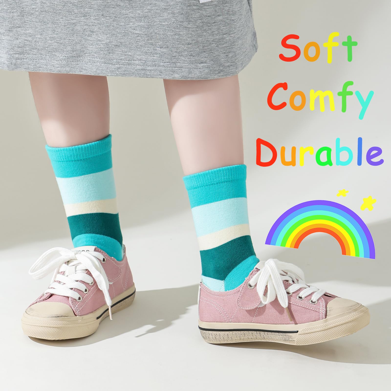 hakugoo Kids Crew Socks Seamless Boys Girls Rainbow Stripes Socks Cotton Athletic Socks 6-8 Years Unisex Cute Fun Socks Boot Socks 5 Pairs (Set B,L)