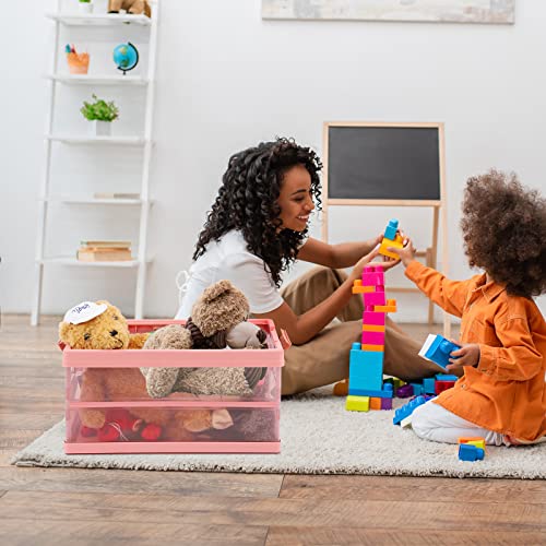 Transparent Storage Container Collapsible Storage Box with Lid Plastic Storage Bin Toy Organizer Stackable Book Box Clear Folding Utility Crate Tote Closet Shelf Basket - Pink