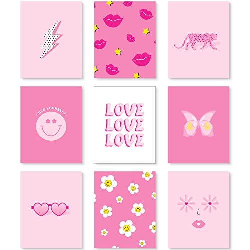 Spakon Preppy Room Decor Aesthetic Hot Pink White Wall Art for Teen Girls Bedroom Pink College Dorm Room Posters Trendy Wall Decor(UNFRAMED 8x10in)