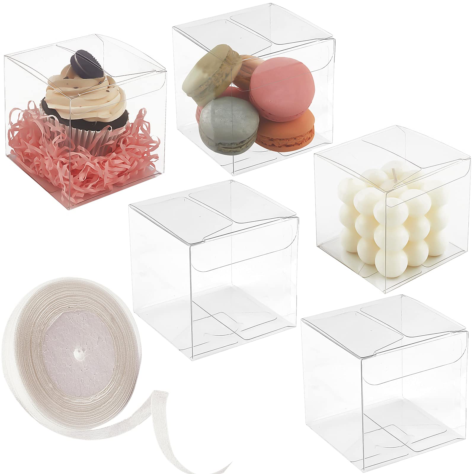 Jutieuo 45 Pack 3x3x3 Inches Clear Favor Boxes with Ribbons, Transparent Cube Treat Boxes for Candy Cupcake Goodie Gift, Individual Hot Cocoa Bomb Packaging Box