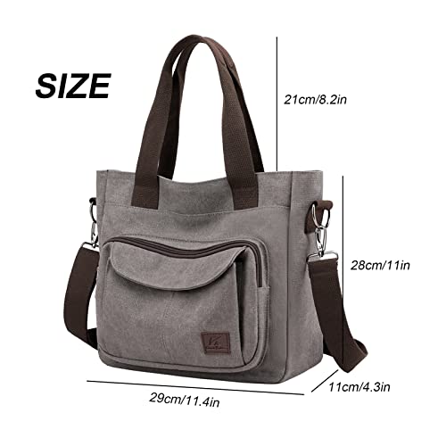ZHIERNA Canvas Tote Purse for Women, Vintage Crossbody Shoulder Bags Small Handbag, Multi-pocket Top Handle Work Bag(Grey)