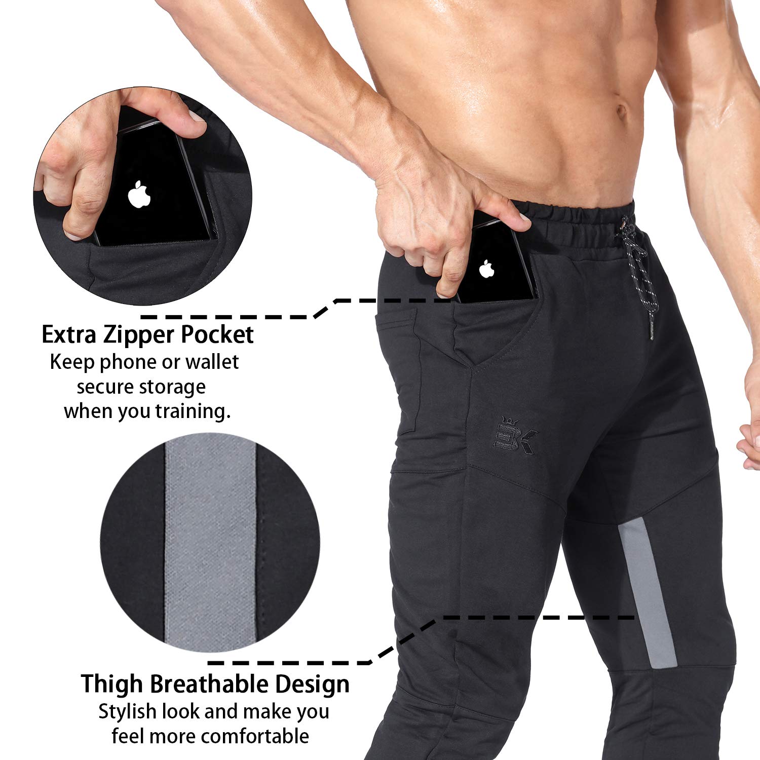 BROKIG Mens Gym Jogger Pants,Casual Slim Workout Sweatpants with Zipper Pockets Bodybuilding Athletic Pants(Black,L)