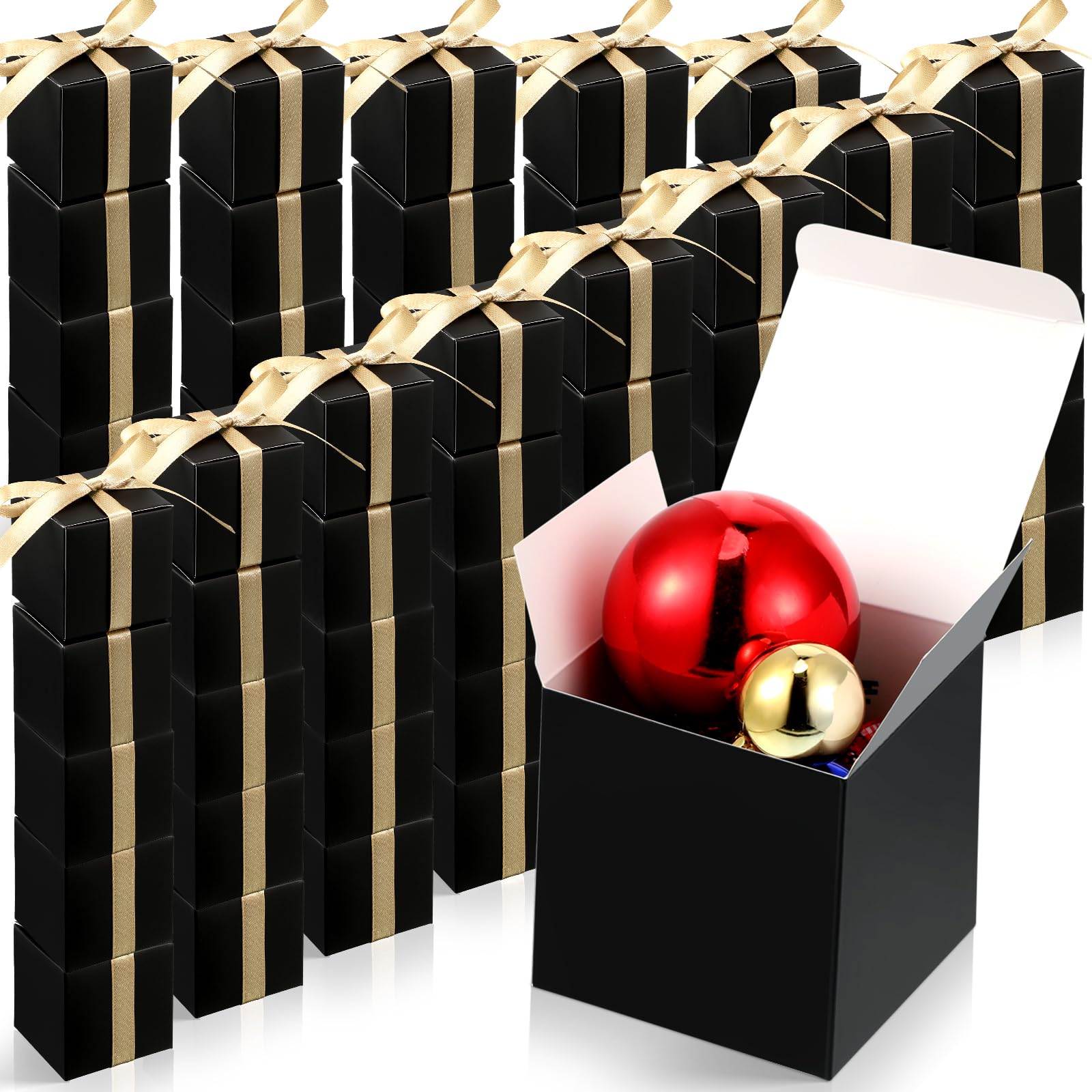 Jutom 100 Pcs Mini Favor Boxes Extra Small Candy Boxes Paper with Gold Ribbon for Birthday Graduation Baby Shower Wedding Party Supplies(3 x 3 x 3 Inch,Black)