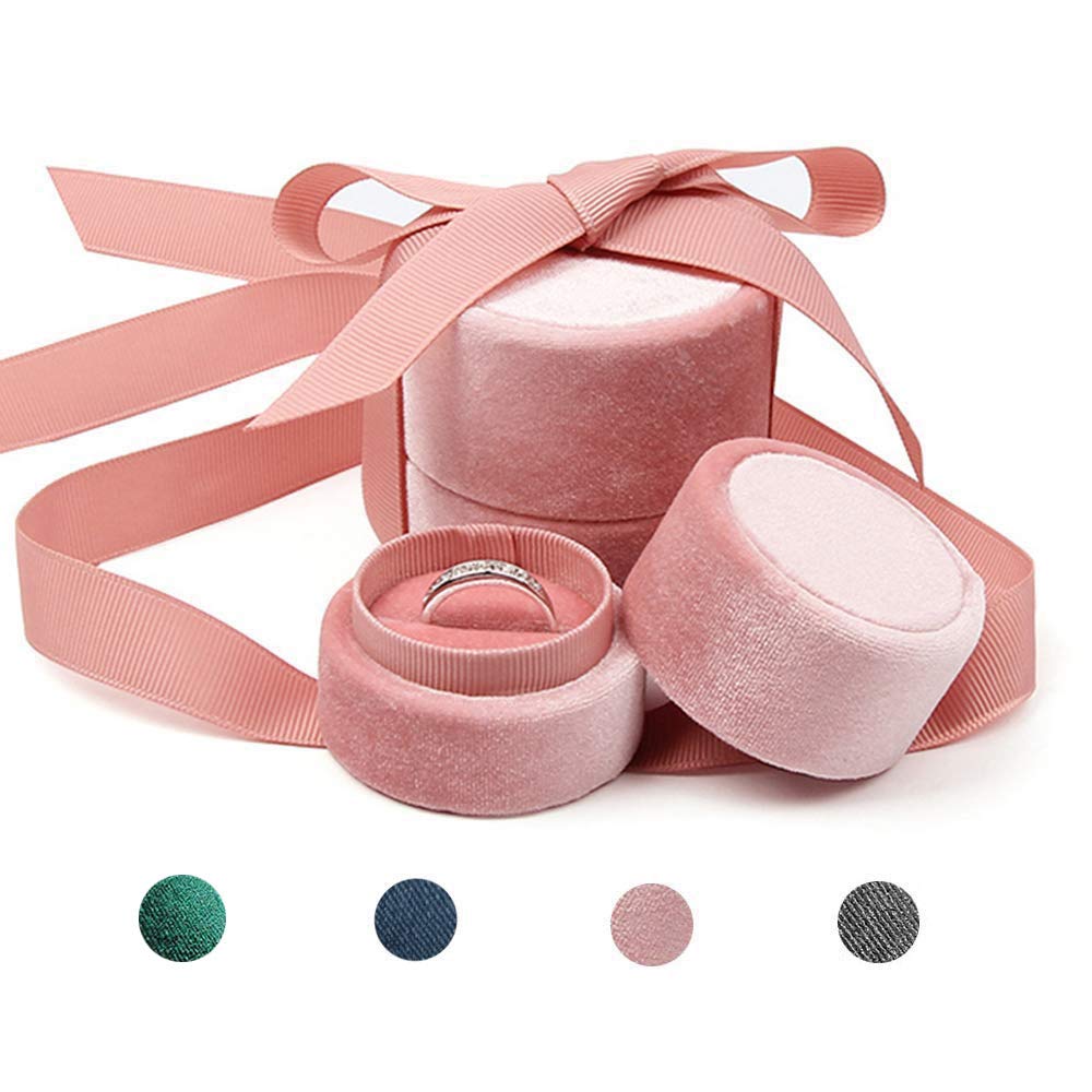 Beatilog Velvet Ring Box - Gorgeous Round Wedding Ring Box with Elegant Ribbon Bow Vintage Jewelry Holder Gift Organizer for Proposal, Engagement, Ceremony, Photography (Pink Small)