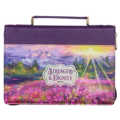 Christian Art Gifts Fashion Bible Cover Strength and Dignity Scenic Floral Proverbs 31:25 Faux Leather, Purple, Medium