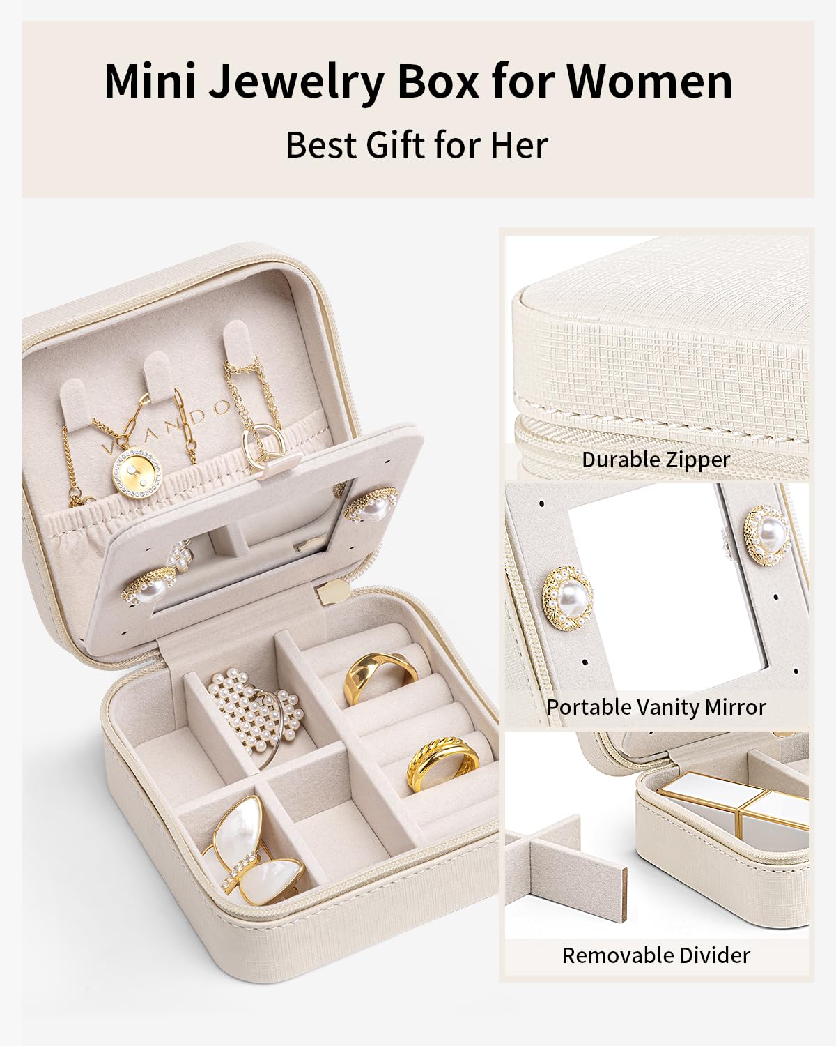 Vlando Small Travel Jewelry Box Organizer - Display Case for Girls Women Gift Rings Earrings Necklaces Storage with Mirror Milky white