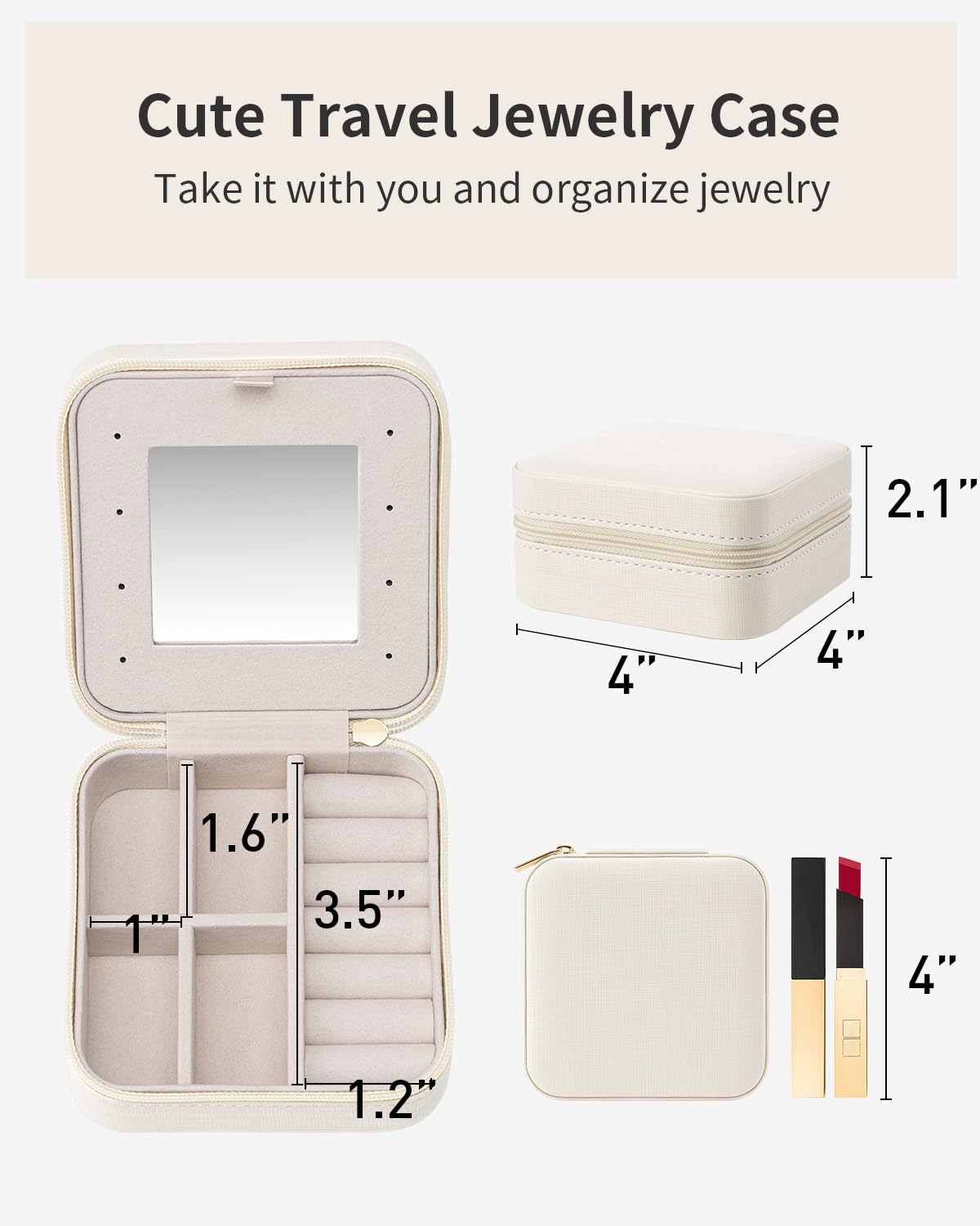 Vlando Small Travel Jewelry Box Organizer - Display Case for Girls Women Gift Rings Earrings Necklaces Storage with Mirror Milky white