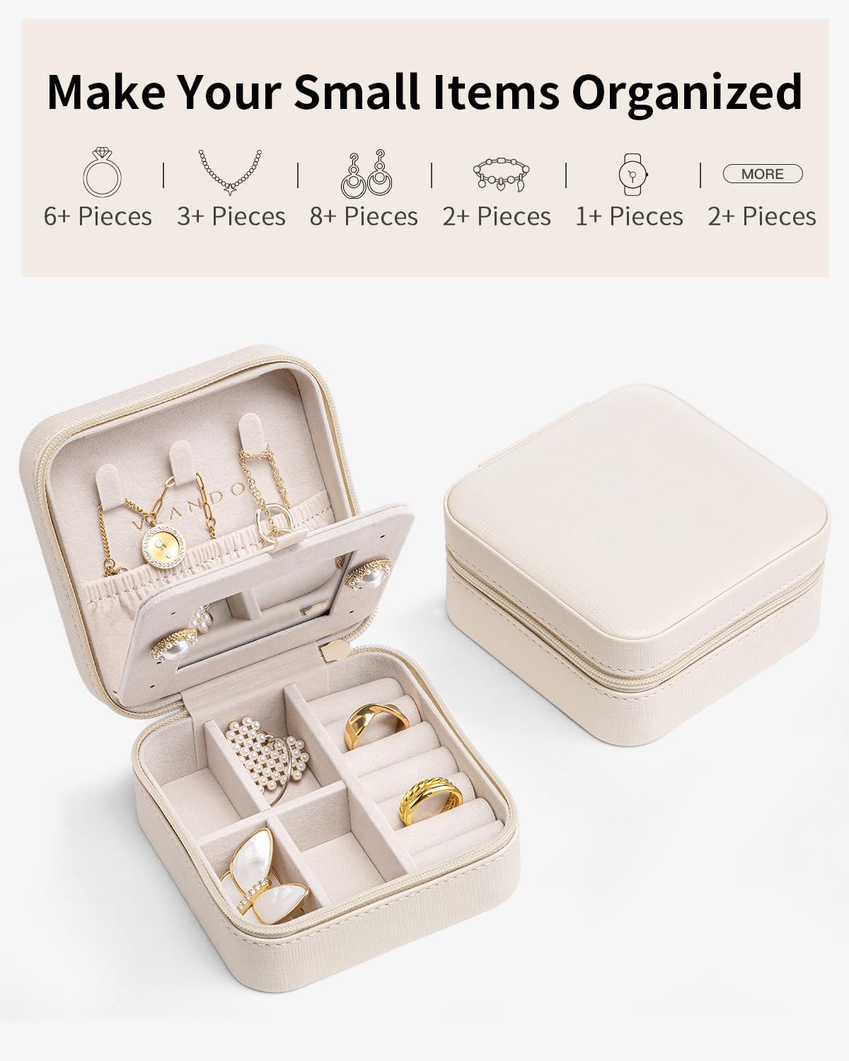 Vlando Small Travel Jewelry Box Organizer - Display Case for Girls Women Gift Rings Earrings Necklaces Storage with Mirror Milky white
