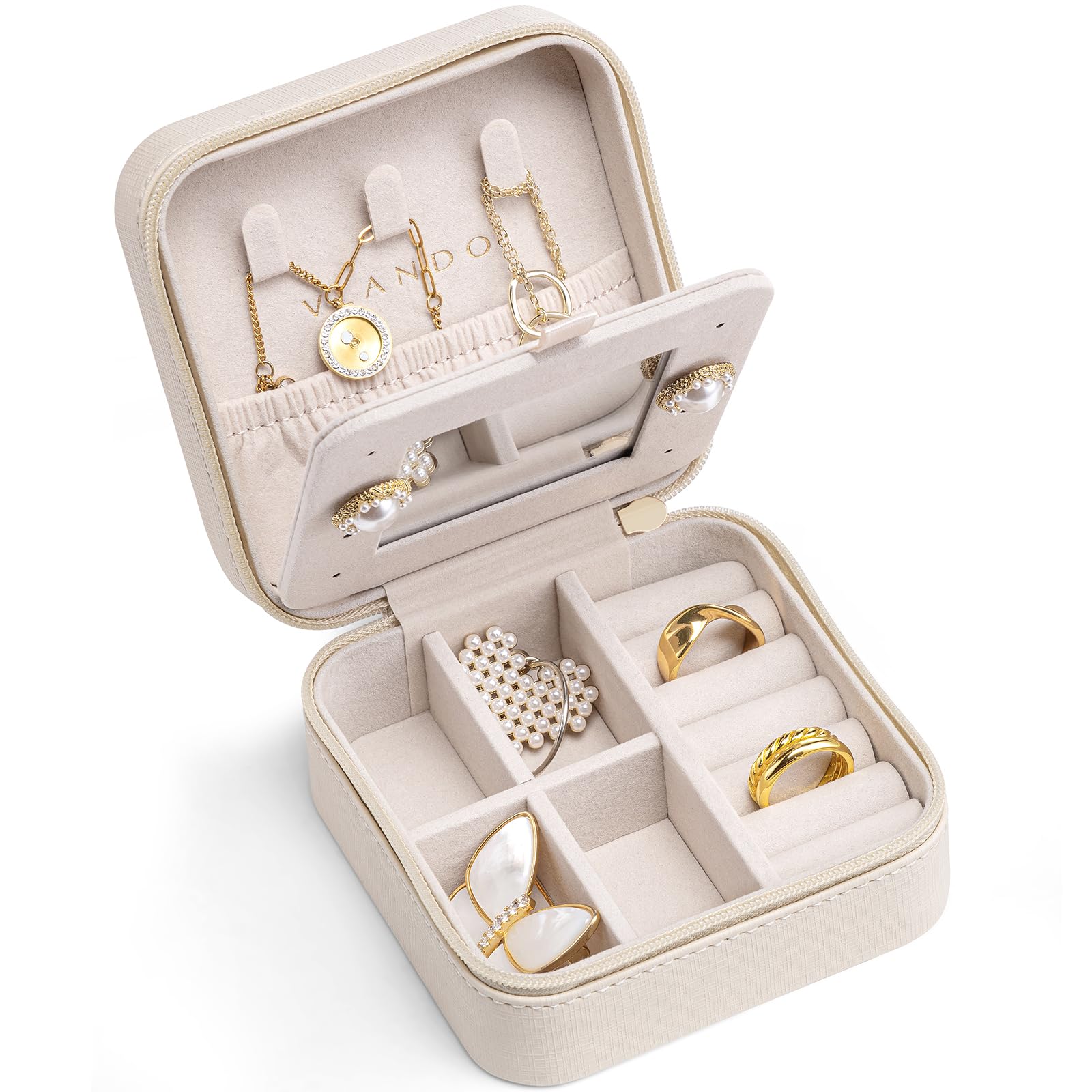 Vlando Small Travel Jewelry Box Organizer - Display Case for Girls Women Gift Rings Earrings Necklaces Storage with Mirror Milky white