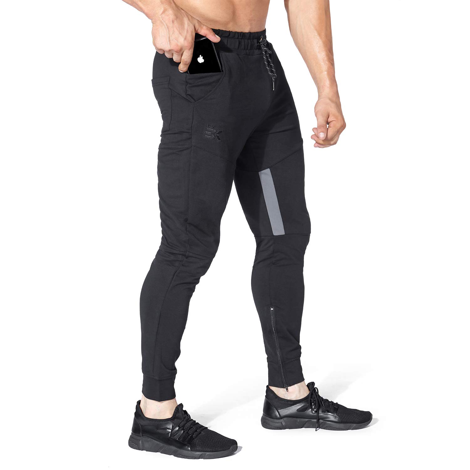 BROKIG Mens Gym Jogger Pants,Casual Slim Workout Sweatpants with Zipper Pockets Bodybuilding Athletic Pants(Black,L)