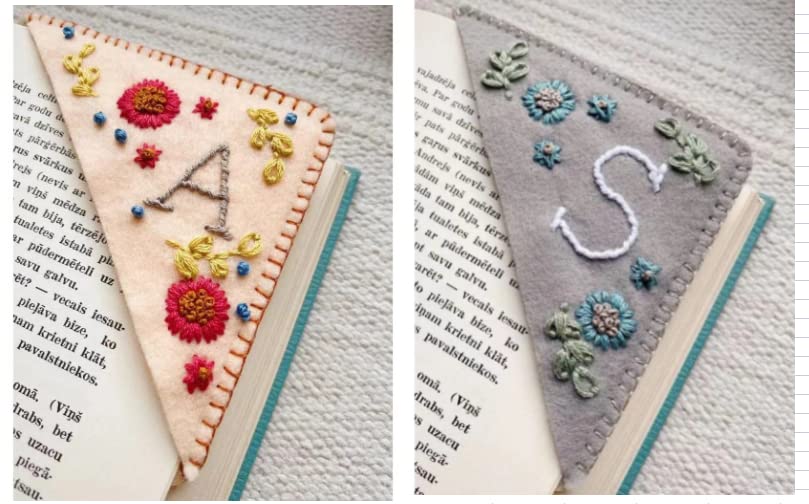 2PCS Personalized Hand Embroidered Corner Bookmark, Felt Triangle Bookmark, Cute Felt Triangle Bookmark, Cute Flower Letter Embroidery Bookmarks for Book Lovers Kids Teachers（A+S）