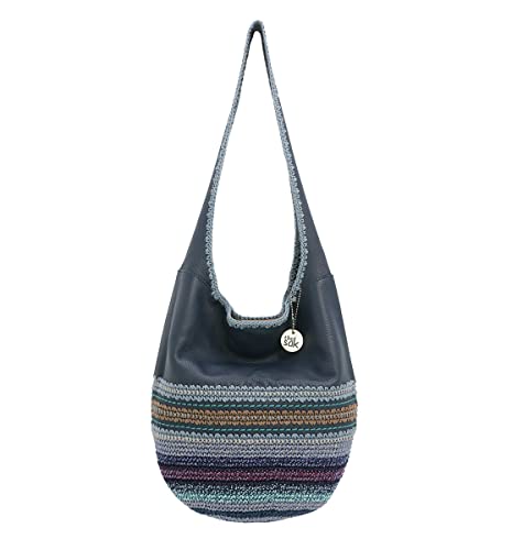 The Sak Back To Bali 120 Hobo Bag in Leather & Hand-Crochet, Large Shoulder Purse, Indigo Seminyak