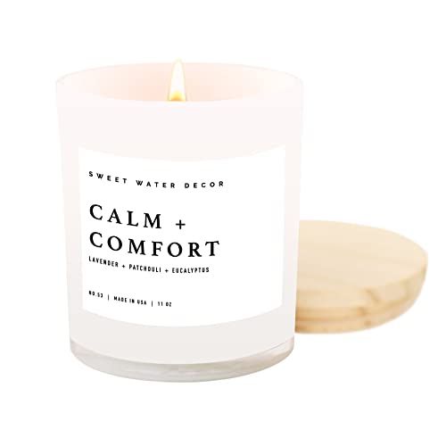Sweet Water Decor Candles | Spa Scented Soy Wax Candle for Home | 11oz Jar Candle with Wood Lid, 50+ Hour Burn Time, Made in the USA (Calm + Comfort, White - 11 oz)
