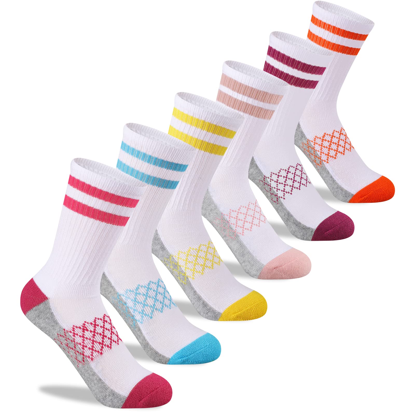 Comfoex Girls Crew Socks Athletic Half Cushioned Long Socks Cotton Calf Socks For Kids 6 Pairs