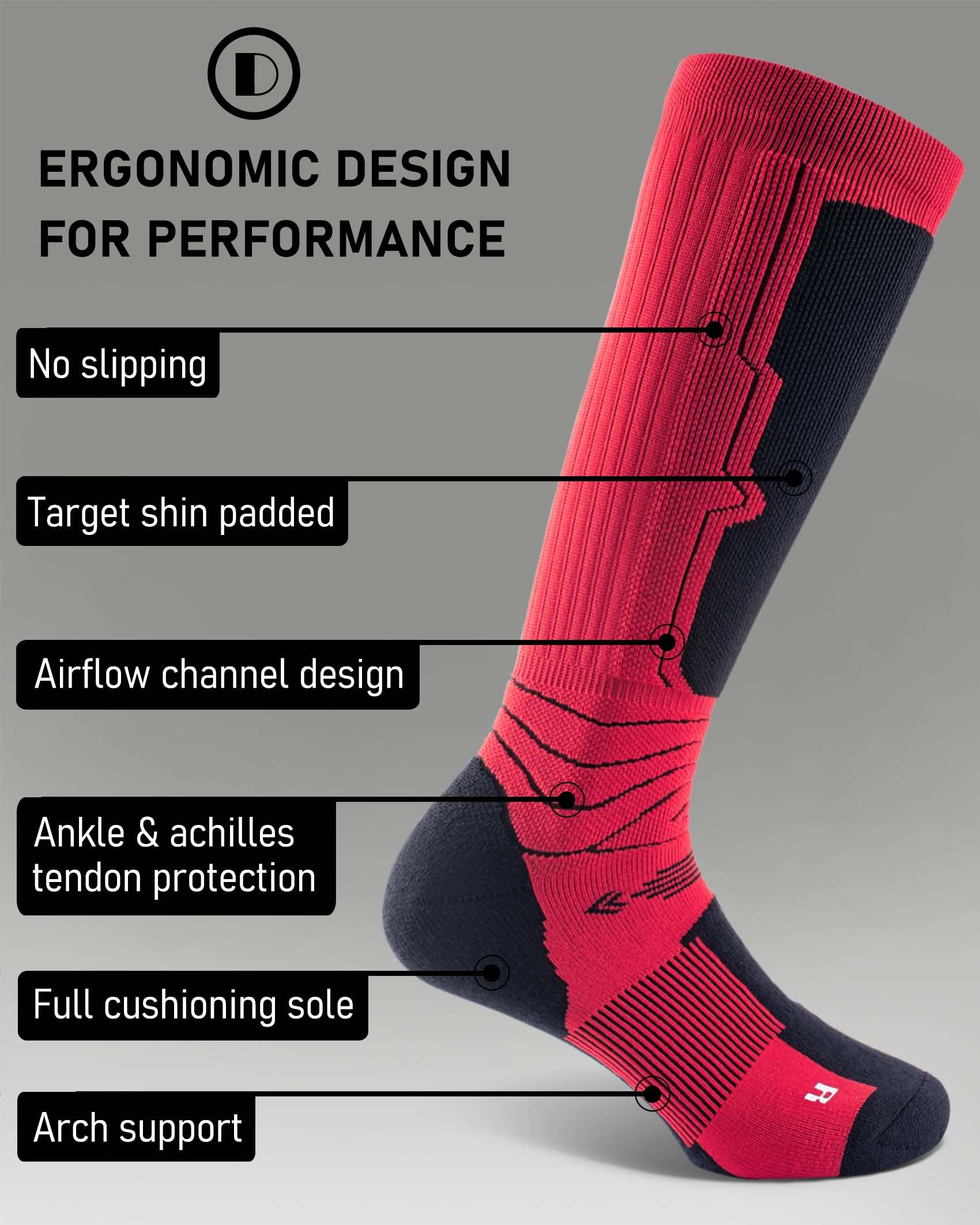 SITOISBE Men's Ski Socks Merino Wool (Pack of 2) for Skiing, Snowboarding, Snow Boots, Winter Warm, Toe Thermal, Shin Padded, Comfy Cushion, Knee High, Cold Weather Long Socks, Small, Red