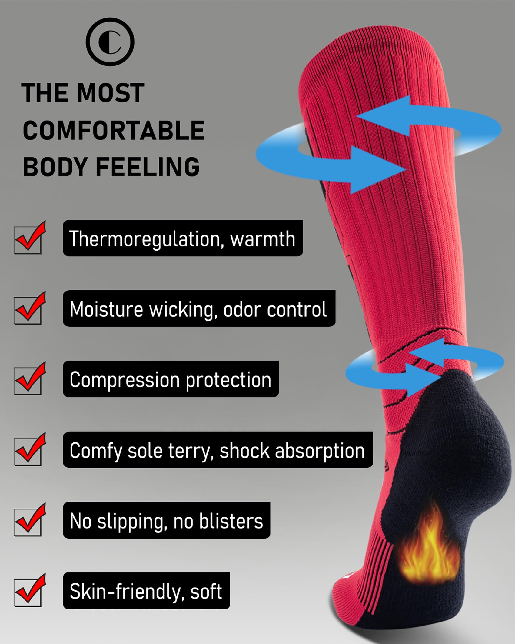 SITOISBE Men's Ski Socks Merino Wool (Pack of 2) for Skiing, Snowboarding, Snow Boots, Winter Warm, Toe Thermal, Shin Padded, Comfy Cushion, Knee High, Cold Weather Long Socks, Small, Red