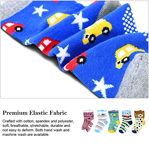 OOPOR Kids Cotton Crew Socks with Grip - 5 Pack Boys Girl Winter Athletic Sport Ankle Sock Set 6-8 Year