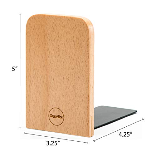 OrgaNice Beech Wood Bookends - Hand Crafted Design - Non-Skid and Padded Feet - Sturdy and Dependable - Gift-Ready Packaging [2 Units]