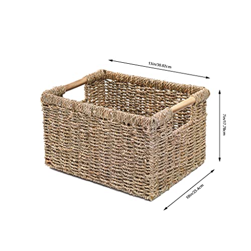 Teri Tale Seagrass Storage Baskets with Wooden Handles, Rectangular Wicker Baskets for Organizing - Decorative Wicker Storage Basket for Living Room (Large)