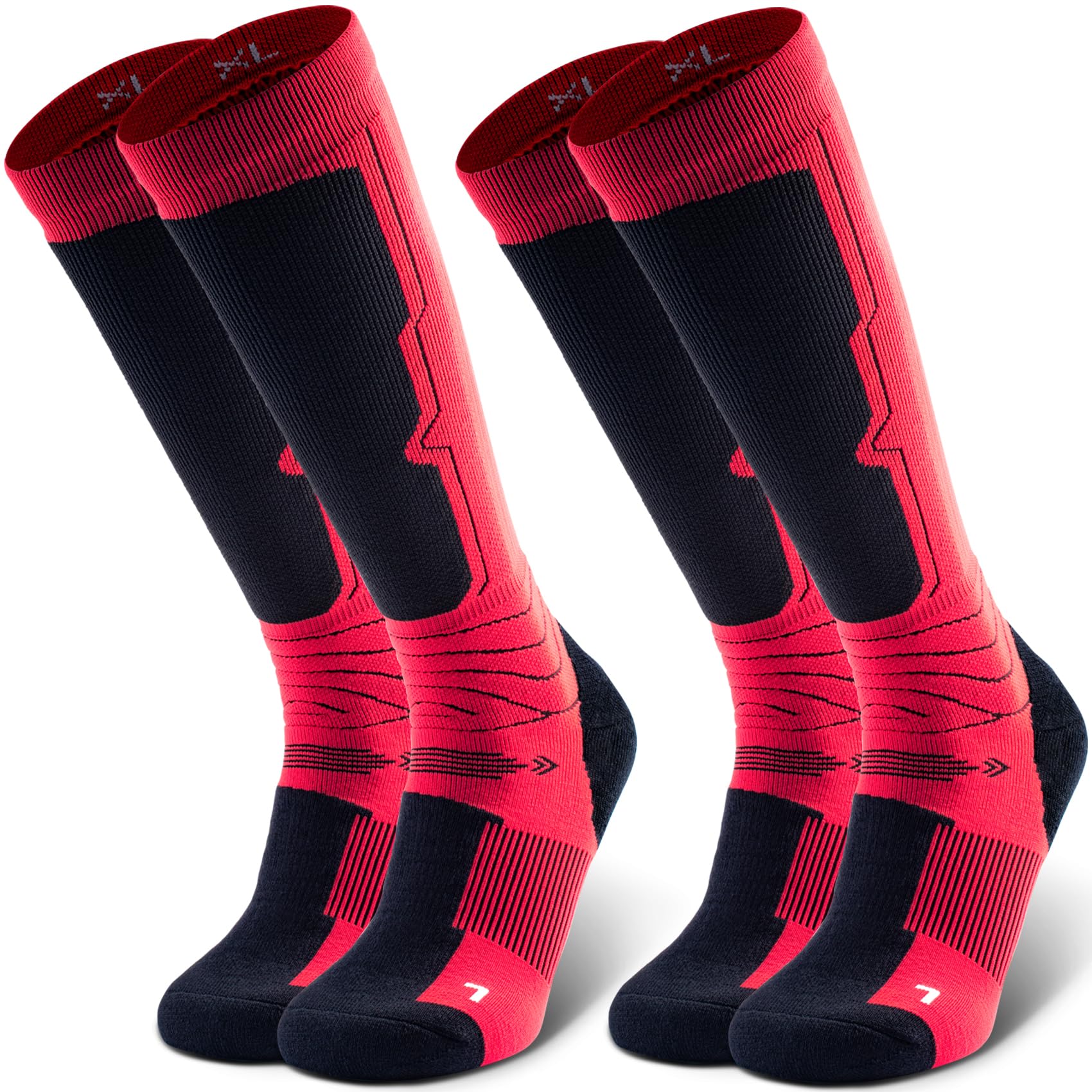 SITOISBE Men's Ski Socks Merino Wool (Pack of 2) for Skiing, Snowboarding, Snow Boots, Winter Warm, Toe Thermal, Shin Padded, Comfy Cushion, Knee High, Cold Weather Long Socks, Small, Red