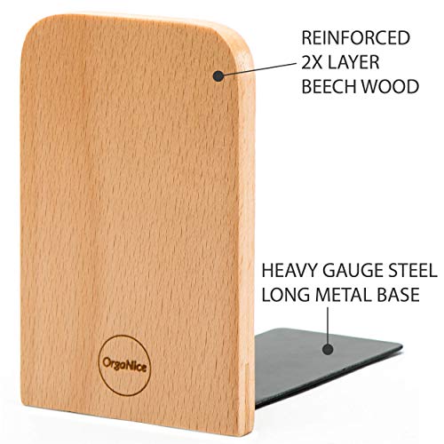 OrgaNice Beech Wood Bookends - Hand Crafted Design - Non-Skid and Padded Feet - Sturdy and Dependable - Gift-Ready Packaging [2 Units]