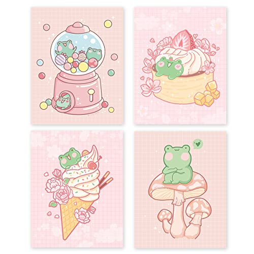 Kawaii Frog Wall Art - Set of 4 Posters - Pink Japanese Aesthetic Room Decor - Anime Cottagecore Drawing Posters - 8x10 - Unframed