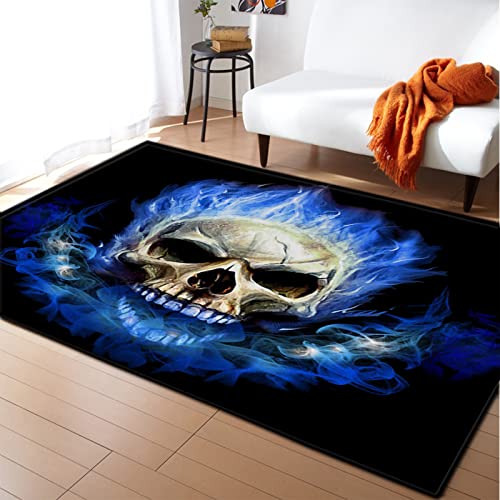 Wusan Boys Doormat Bedroom Living Room Area Rug Blue Fire and Skull Carpet Thrilling