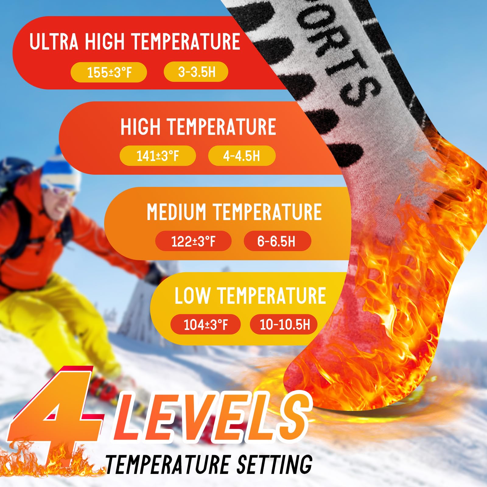 Heated Socks, Electric Heated Socks for Women Men, 4 Heat Settings Rechargeable Heating Socks with 360Β° Heating, Machine Washable Thermal Electric Socks Unisex Foot Warmer for Hunting Skiing Camping