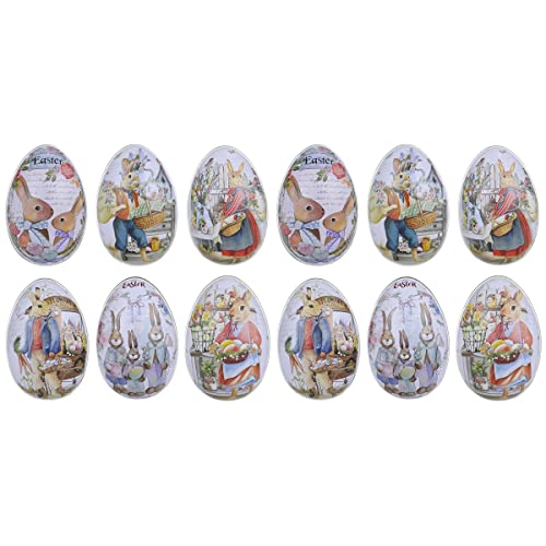 jojofuny 12Pcs Painted Eggshell Style Tin Box Easter Rabbit Tin Box, Egg- shaped Candy Box Jewelry Box Gift Package Box Metal Empty Eggs