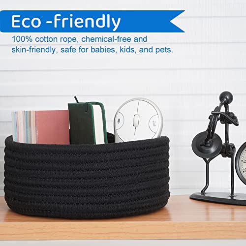 Hispqser 2pack Black Woven Baskets, Natural Small Cotton Rope Storage Cute Round Decorative for Toys Decorative Hamper for Nursery Round Thicken Kids Baskets Key Bowl 7.48 * 7.48 * 3.54 inches
