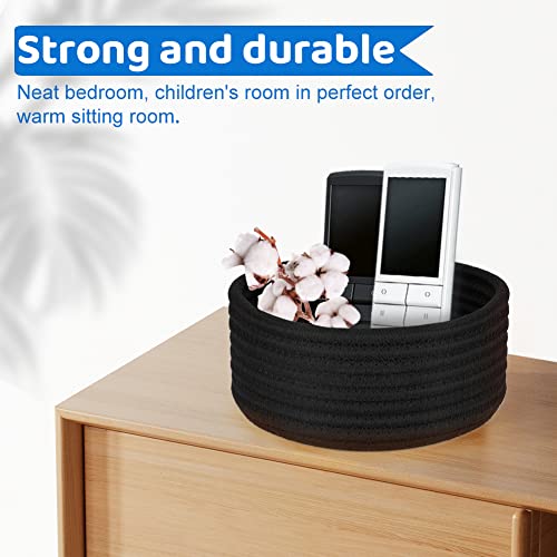Hispqser 2pack Black Woven Baskets, Natural Small Cotton Rope Storage Cute Round Decorative for Toys Decorative Hamper for Nursery Round Thicken Kids Baskets Key Bowl 7.48 * 7.48 * 3.54 inches