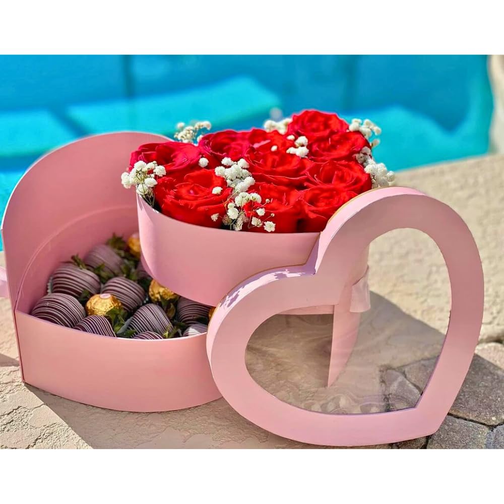 UNIKPACKAGING Premium Quality Heart Shaped Flower Box, Gift Boxes for Luxury Flower and Gift Arrangements, with Lids, Size 9x8x6.5, for Luxury Style Flower Arrangements (Pink)