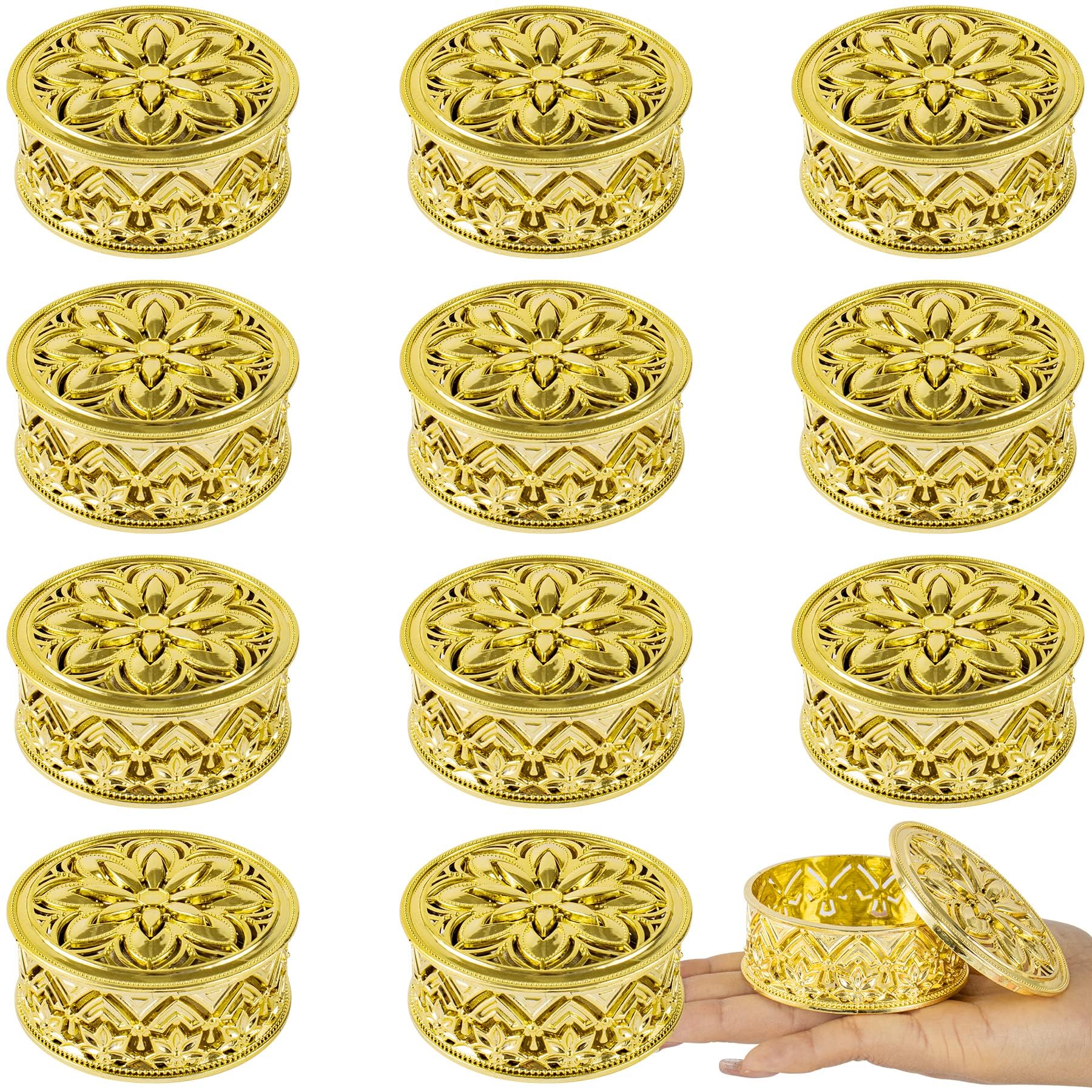 Simple polymer 12 Pcs Vintage Round Candy Boxes Plastic Jewelry Box Wedding Sugar Boxes Hollow Jars Candy Storage Boxes Gift Boxes for Party Decorative DisplayTrinket,Round Gold