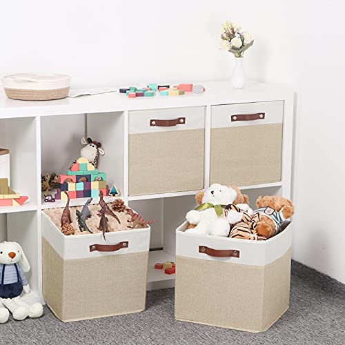 Temary Cube Storage Bins Storage Basket for Shelves Fabric Storage Cubes Closet Baskets for Cube Storage with Leather Handles, Cloth Bins for Home and Office (White & Khaki, 13x13x13 Inch)