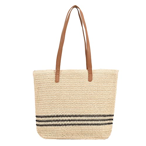 JQWSVE Straw Beach Bags Striped Tote for Women with Zipper Closure Soft Woven Straw Bag Summer Straw Shoulder Bag Purse for Beach Vacation