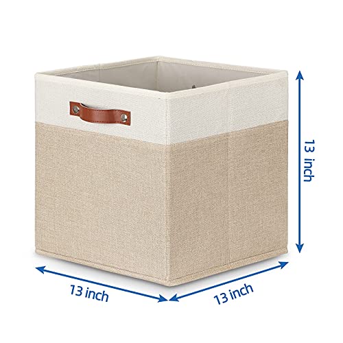 Temary Cube Storage Bins Storage Basket for Shelves Fabric Storage Cubes Closet Baskets for Cube Storage with Leather Handles, Cloth Bins for Home and Office (White & Khaki, 13x13x13 Inch)