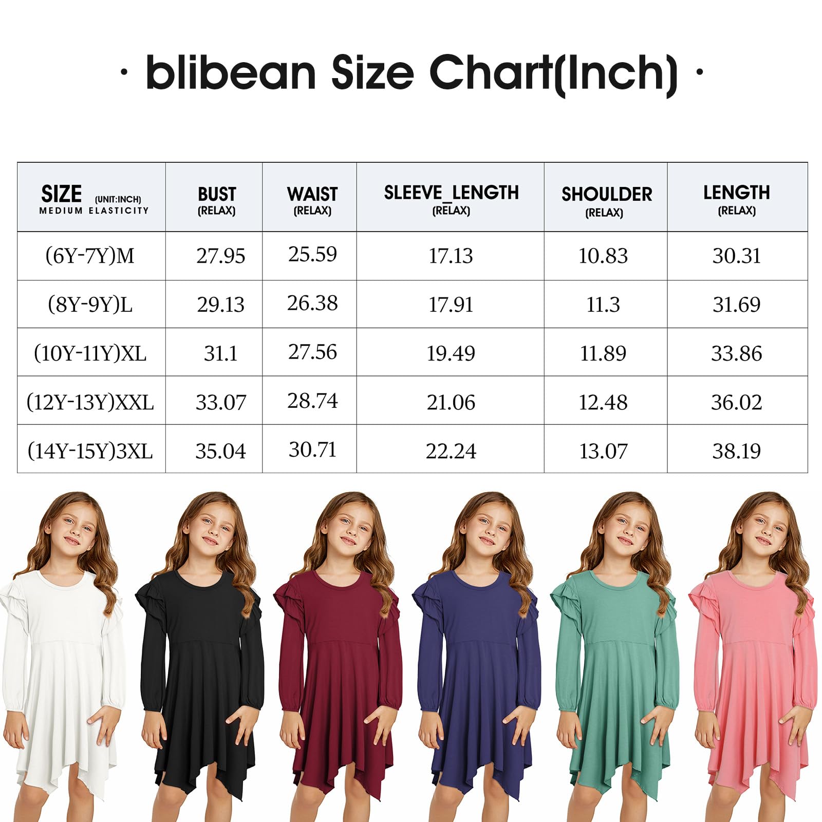 blibean Girls Long Sleeve Dress Tween Fall Boho Puff Dresses Cute Tiered Elastic Cuff High Low Ruffle Outfit Swing Clothes Midi Kid Clothing Size 8-9 Years Old Solid Black