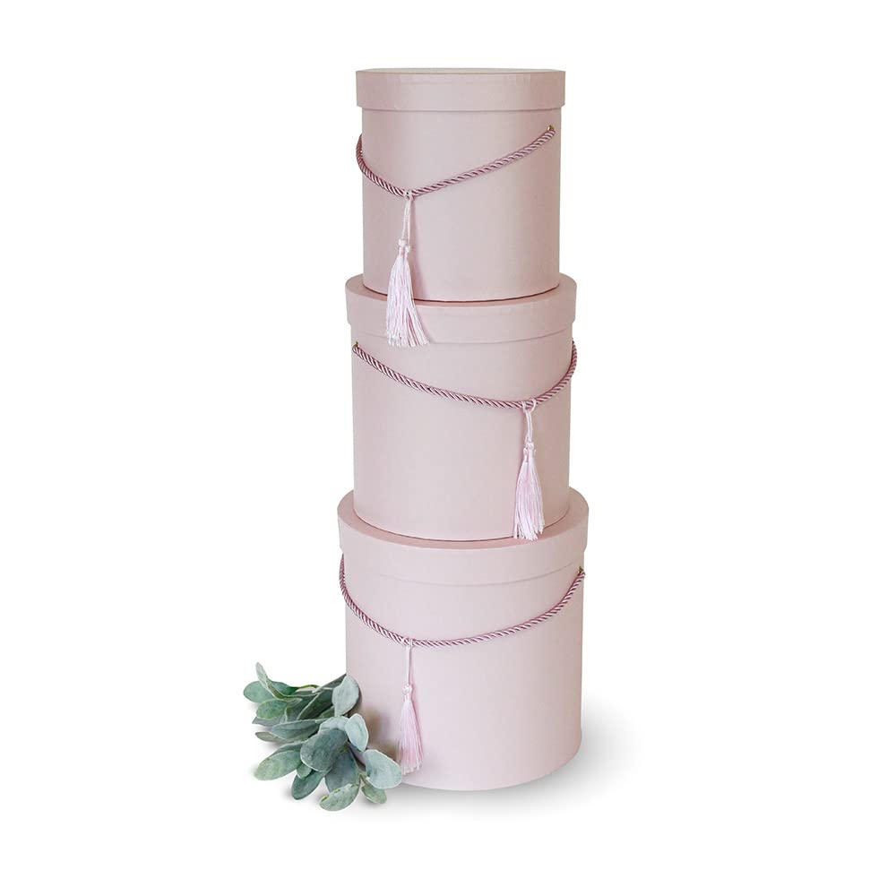 UNIKPACKAGING Premium Quality Round Flower Box, with Tassel, Gift Boxes for Luxury Flower and Gift Arrangements, Set of 3 pcs (Pink)