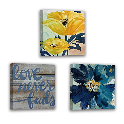 Yellow Blue Floral Decor Poster Blue Yellow Wall Art Flowers Wall Art Pictures Wall Decor Watercolor Floral Pictures Botanic Artwork Rustic Hand Painted Style Bathroom Decor 12X12Inch*3pce NO FRAME