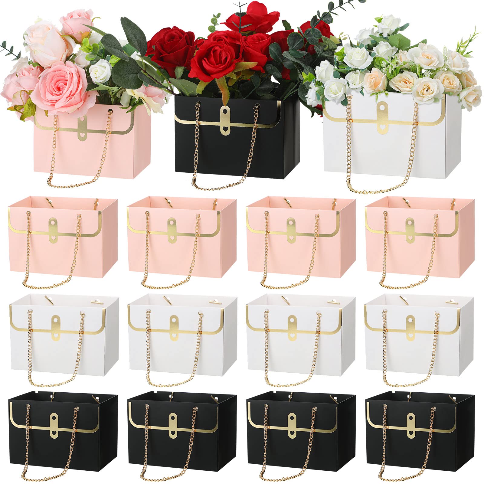 Lincia 12 Pcs Paper Flower Gift Bags Wedding Bouquet Flower Box with Handle Flower Boxes for Arrangements Gift Wrapping Bags Florist Handbag for Gift Wedding Baby Shower Party (Black, White, Pink)